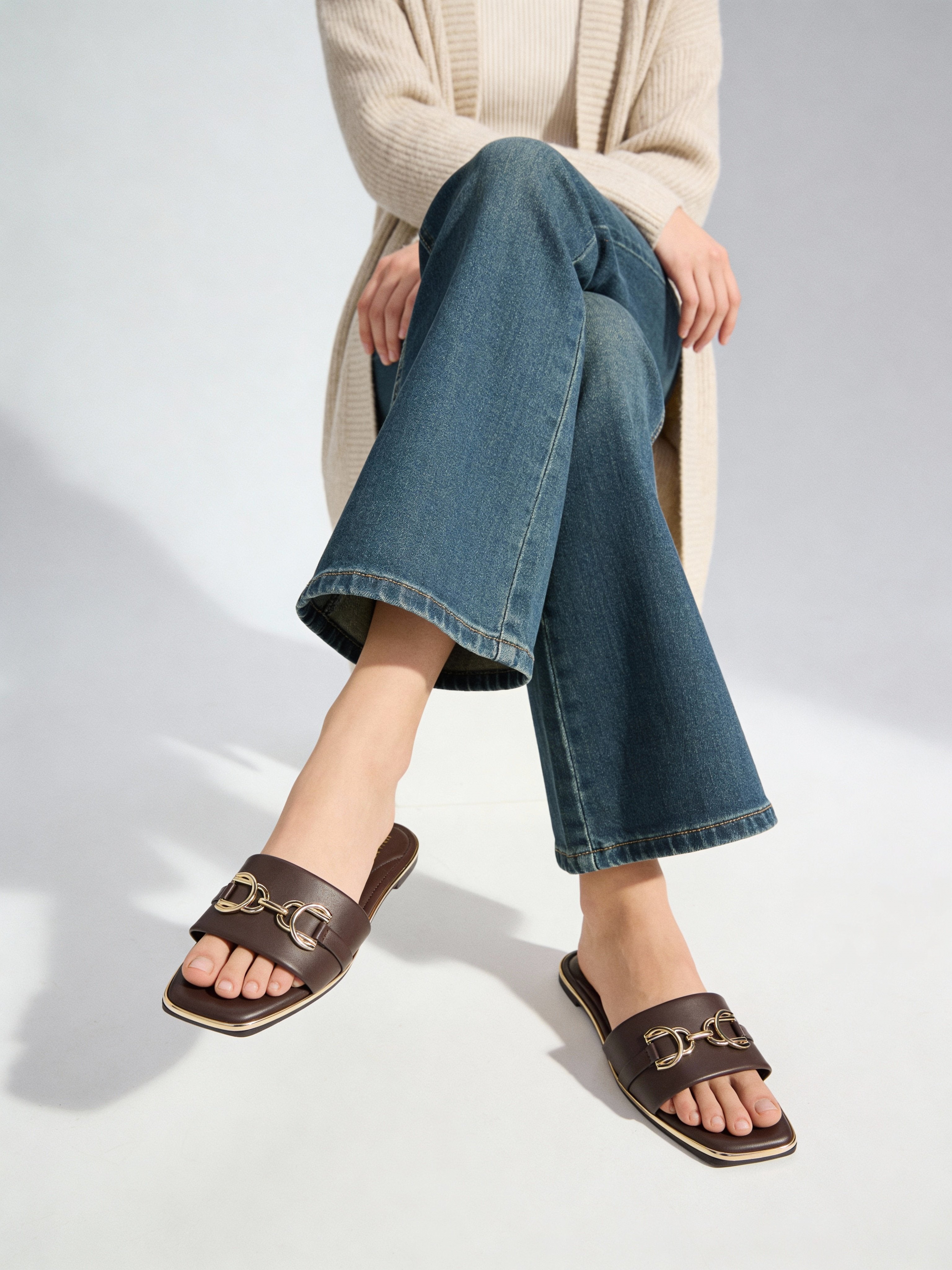 Buy LUNA BLU Dark Brown Metallic Detailed Slides from Westside