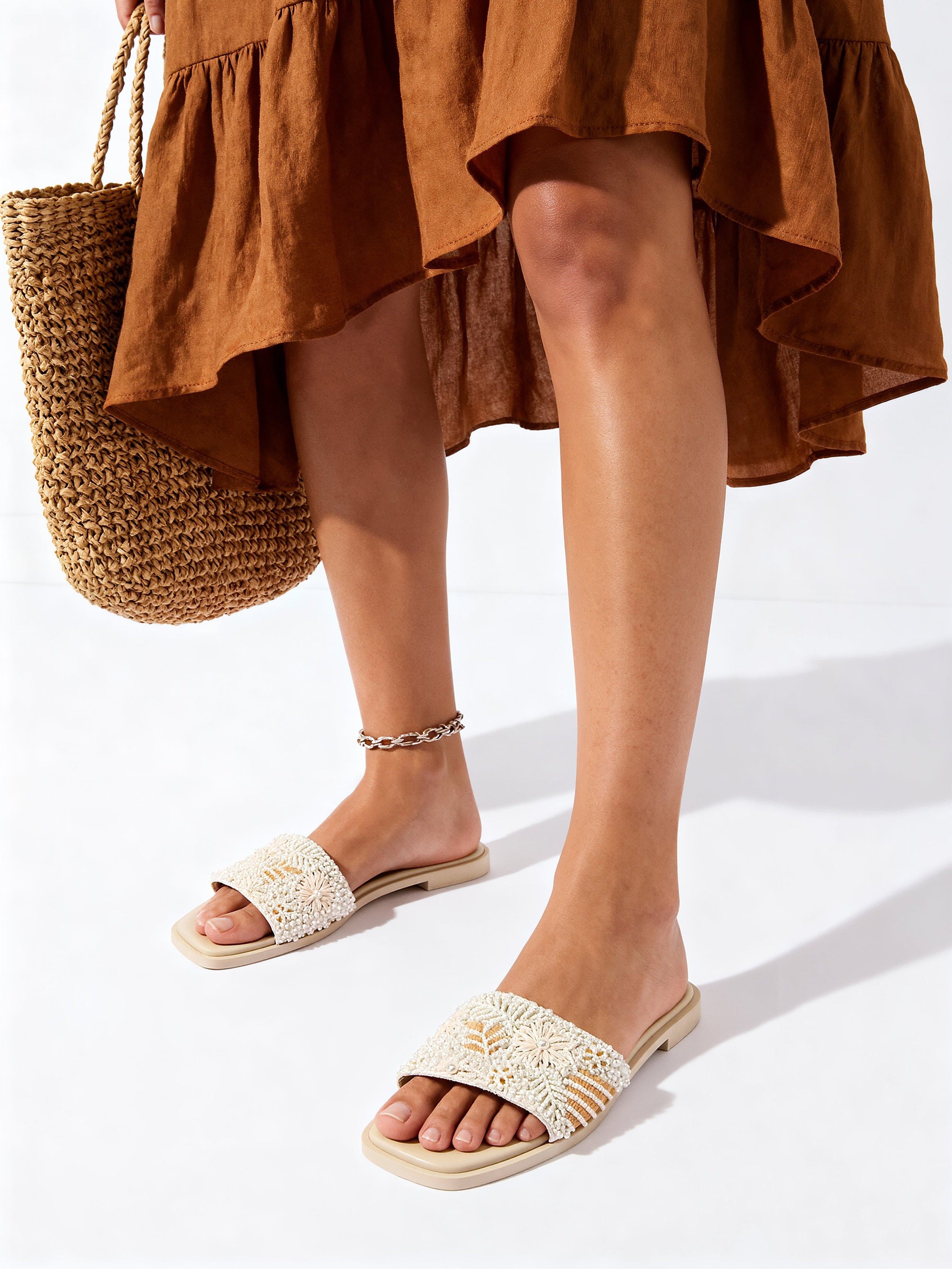 Buy LUNA BLU Ivory Embellished Slides from Westside